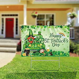 St. Patrick's Day Yard Sign Happy Saint Patty's Day Lawn Decorations 24.8 x 16 Inch Irish Leprechaun Shamrock Yard Sign Leprechaun Sat in the Irish Green Truck Outdoor Decor with Metal H stake