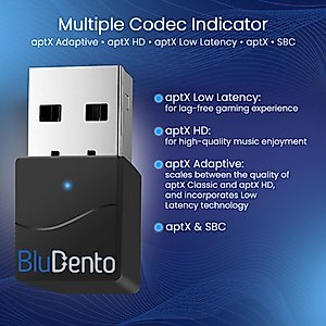 BluDento T1 USB Bluetooth 5.2 Audio Transmitter Adapter for Connecting Bluetooth Headphones to PS4/5, Switch, Desktop PC, aptX Adaptive aptX HD aptX Low Latency Audio Dongle