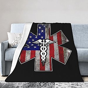 Rqwaaed EMS Star of Life EMT Paramedic Medic American Flag Throw Blankets Cozy Warm Lightweight Flannel Blanket for Sofa Bed Men and Women