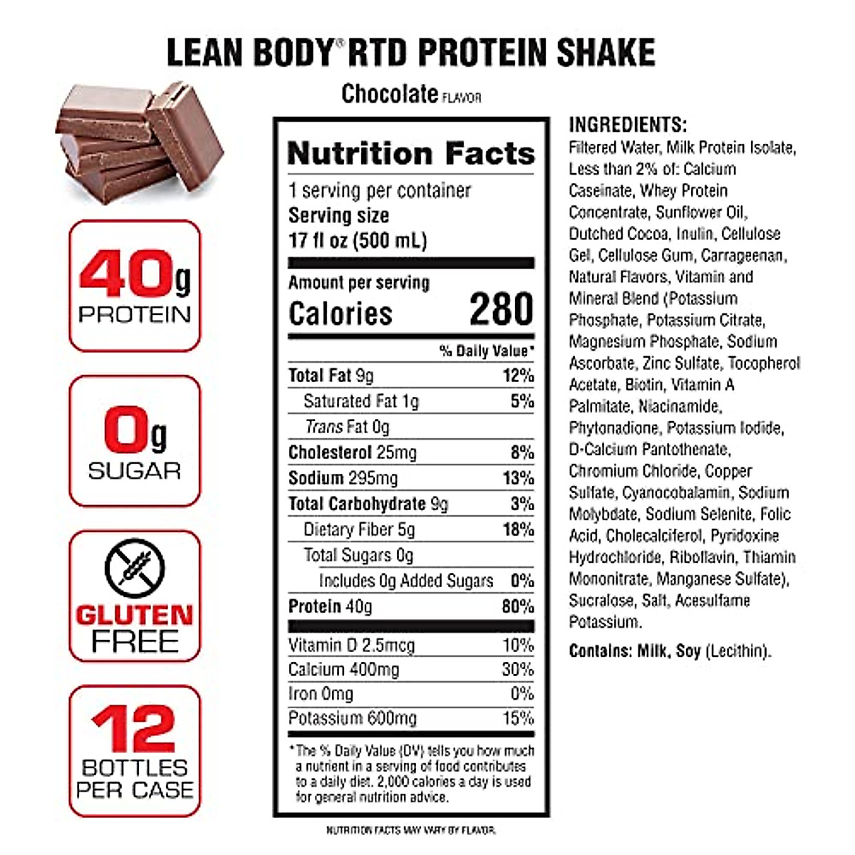 Lean Body Ready-to-Drink Chocolate Protein Shake, 40g Protein, Whey Blend, 0 Sugar, Gluten Free, 22 Vitamins & Minerals, LABRADA, 17 Fl Oz (Pack of 12)