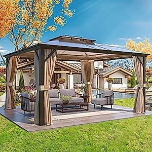 YOLENY 12'x14' Hardtop Gazebo, Outdoor Polycarbonate Double Roof Canopy, Aluminum Frame Permanent Pavilion with Curtains and Netting, Sunshade for Garden, Patio, Lawns