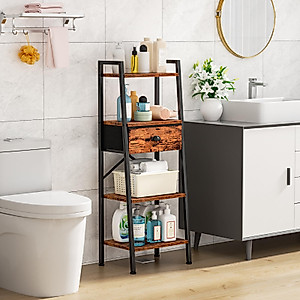 Furologee 4 Tier Ladder Shelf, Narrow Ladder Book Shelf with Drawer, Modern Bookcase Freestanding Shelf Units, Storage Shelves Organizer for Bedroom, Living Room, Bathroom, Home Office, Rustic Brown