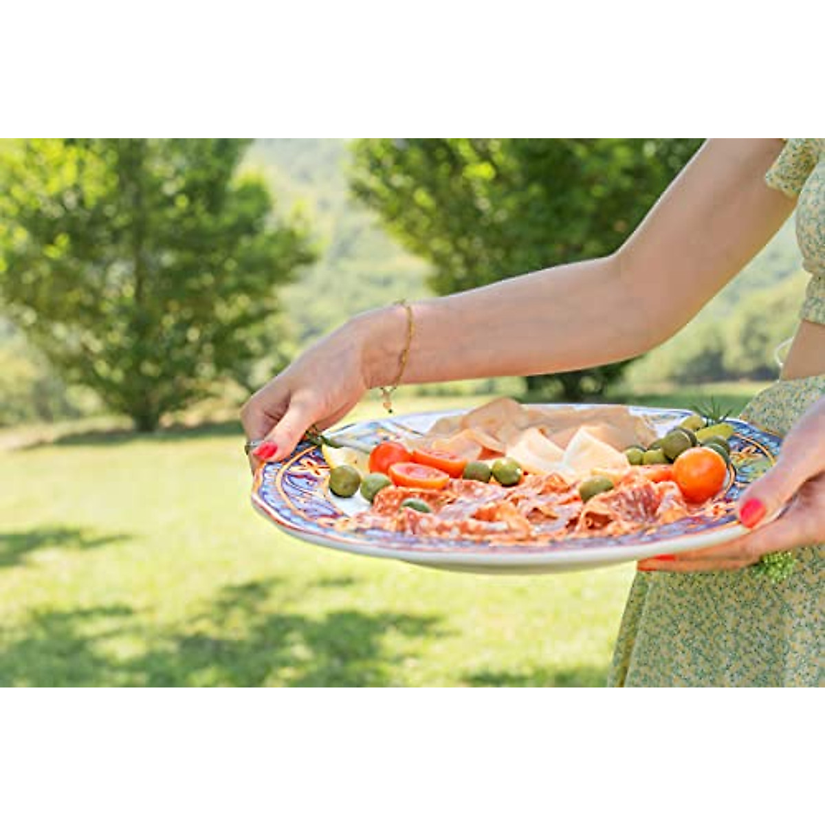 Euro Ceramica Duomo Collection Italian-Inspired 18" Oval Ceramic Serving Platter, Floral Design, Multicolor