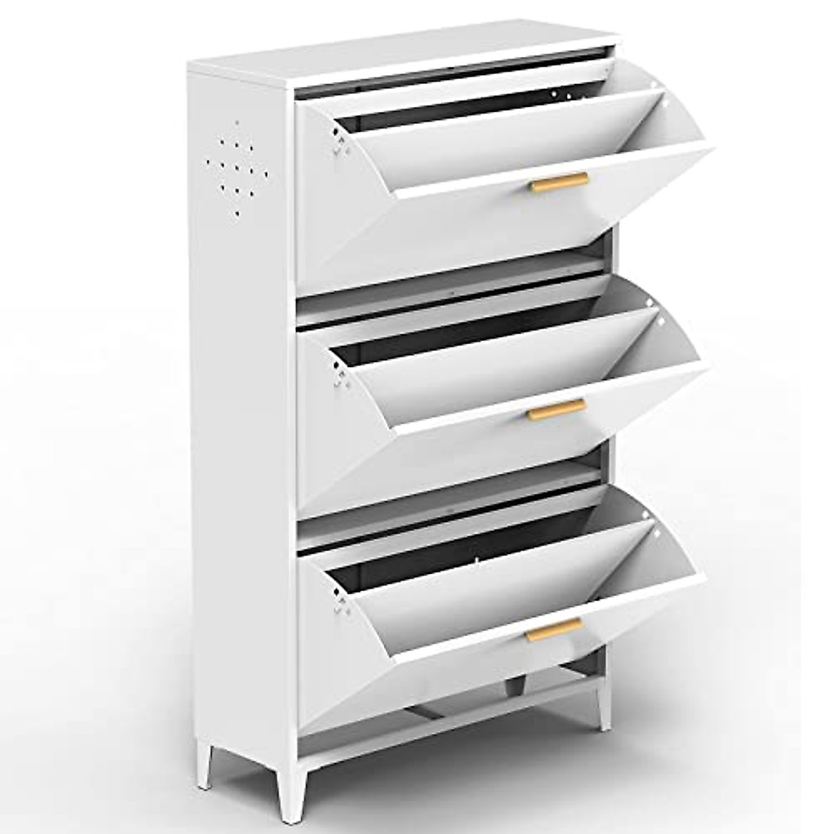 Metal Shoe Cabinet with 3 Flip Drawers, Wall Mounted & Upright Narrow Shoe Storage Organizer with Adjustable Shelf, Modern White Free Standing Shoe Cabinet for Entryway, Hallway, Holds 20 Pair Shoes