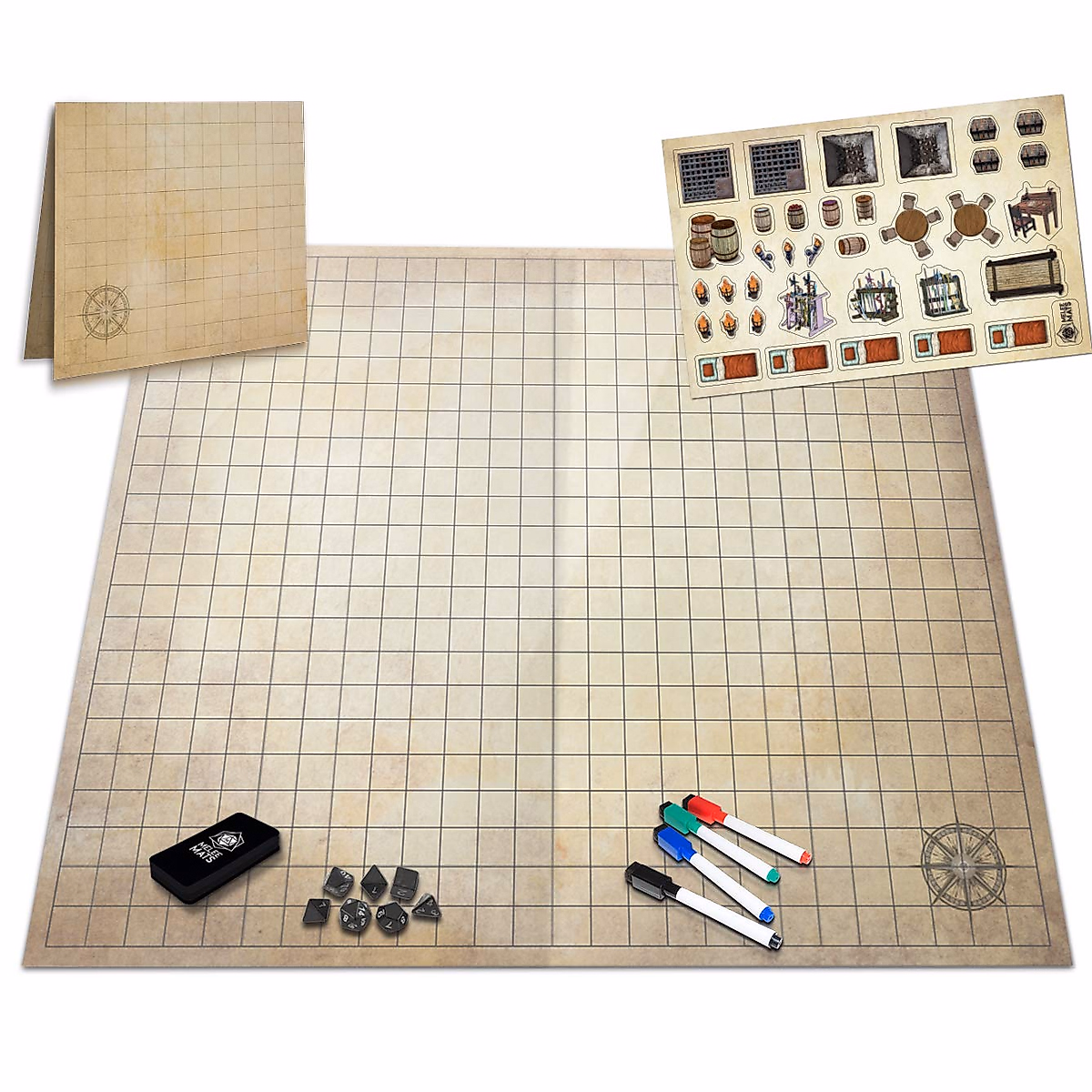 Melee Mats DND Map Starter Kit for Dungeons & Dragons Game - 23” x 27" Double Sided, Wet/Dry Erase Battle Terrain Grid - Ultimate Tabletop Board Gaming Experience with Accessories