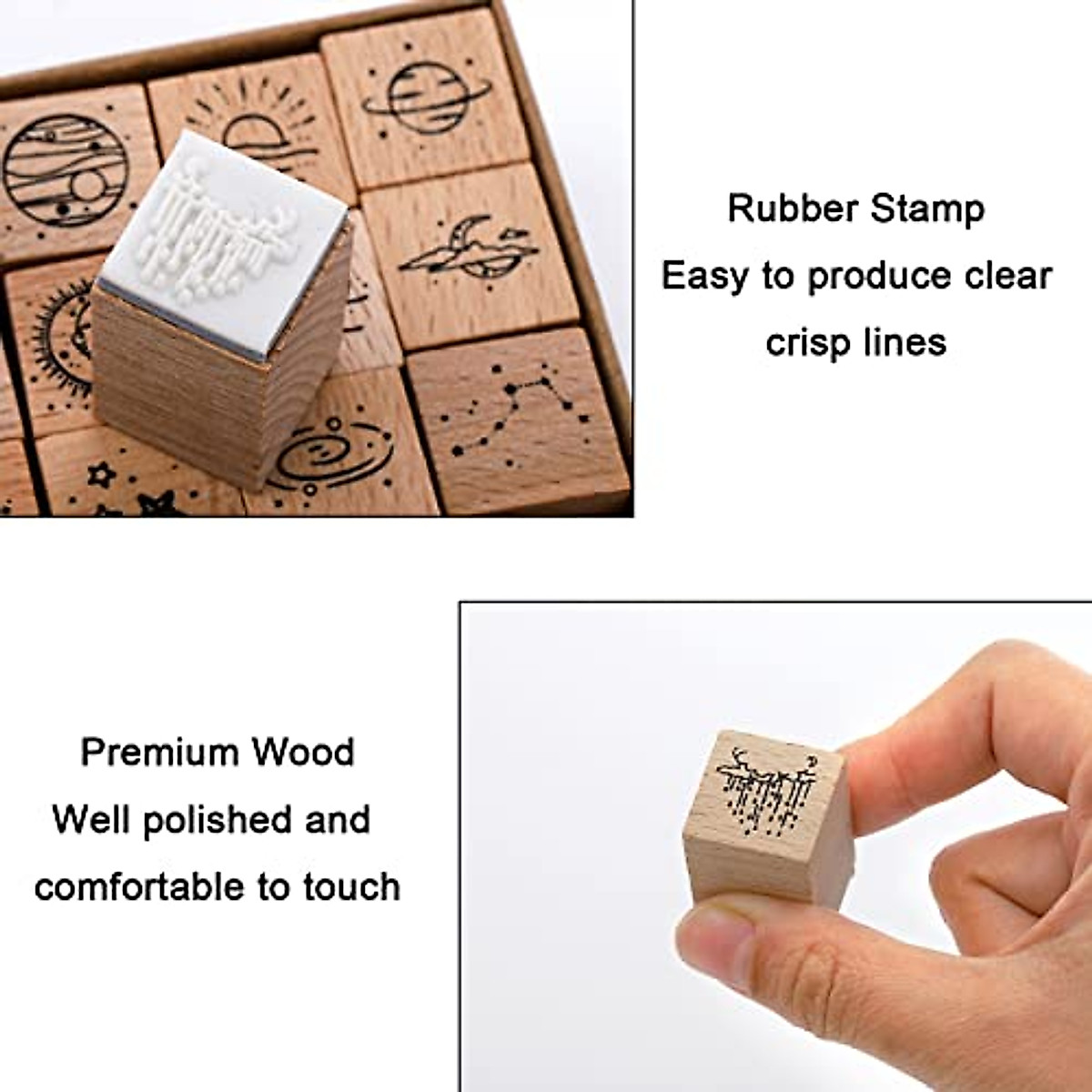 Hacaroa 32 Pieces Wooden Rubber Stamp Set, Moon Star Botanical Decorative Wood Stamps for Journal, Diary, Scrapbook, Planner, Letter, DIY Craft, Card Making