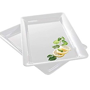 4 Rectangle White Plastic Trays Heavy Duty Plastic Serving Tray 12" x 18" Serving Platters Food Tray Decorative Serving Trays Wedding Platter Party Trays Great Disposable Serving Party Platters White