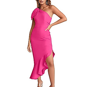 ANRABESS Women's Summer One Shoulder Formal Graduation Prom Midi Dresses Sleeveless Bodycon Mermaid Ruffle Cocktail Wedding Guest Dress 838meihong-L Rose