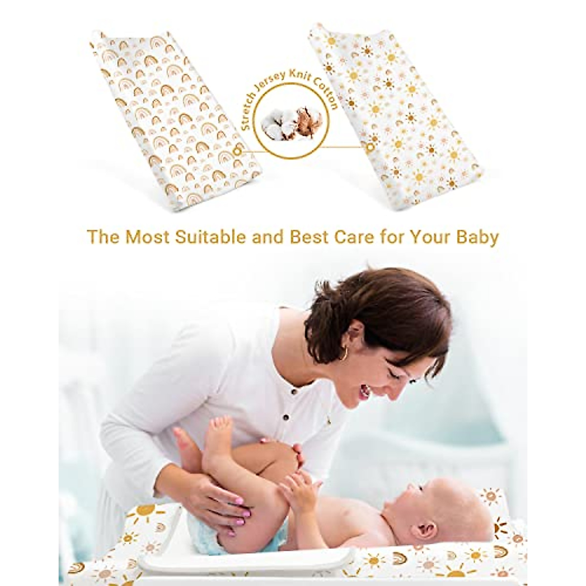 Changing Pad Cover - Babebay Ultra Soft Jersey Knit Cotton Diaper Change Table Pad Covers for Baby Girls and Boys -Stylish Rainbow & Sun Pattern, 2 Pack