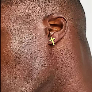 Mystigold Cross Stud Earrings in .925 Sterling Silver Plated Rhodium and in 18K Gold Plated I Religious Small Earrings for men and women 0.4 x 0.2 inch I Hypoallergenic Earrings I Gift for Women Men,