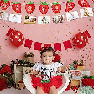 Strawberry Monthly Photo Banner - Sweet Berry 1st Birthday Monthly Banner Baby Girl 12 Month Photo Display Milestone Photograph Bunting Garland for Strawberry First Birthday Party,Baby Shower,Berry