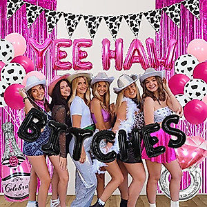 Western Bachelorette Party Decorations, Hot Pink and Black Yeehaw Bitches Balloon Cow Print Pennant Banner, Cowgirl Nashville Bridal Shower Supplies