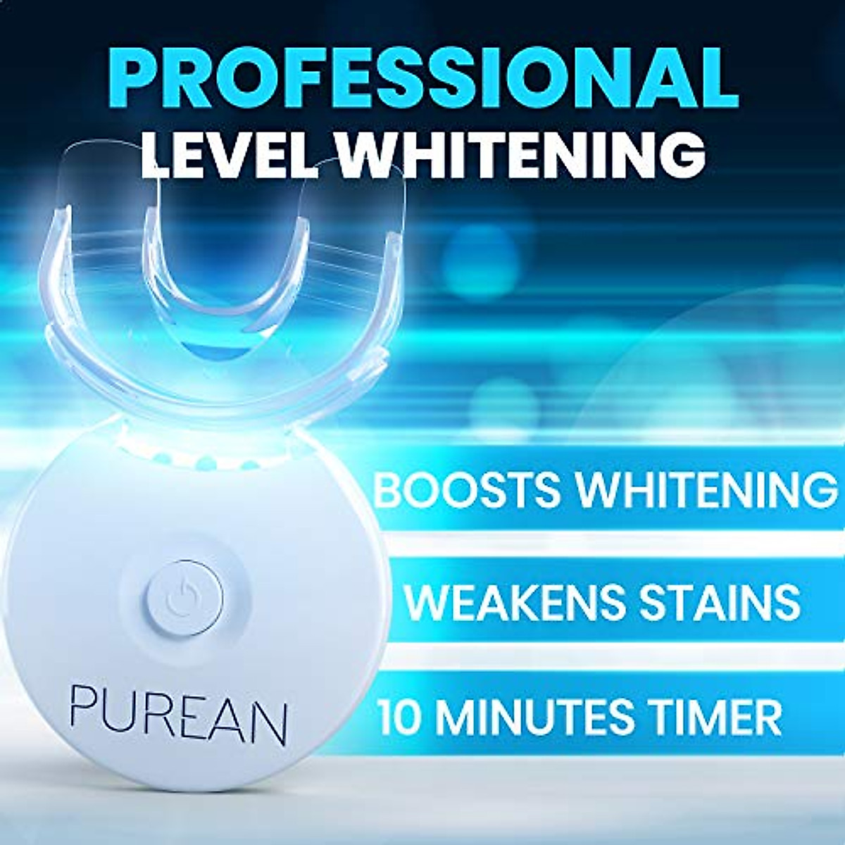 Purean Teeth Whitening Kit with LED Light – 2 Syringes of 5ml Professional 35% Carbamide Peroxide Tooth Whitener Gel – Bright White Smile Set with Mouth Tray