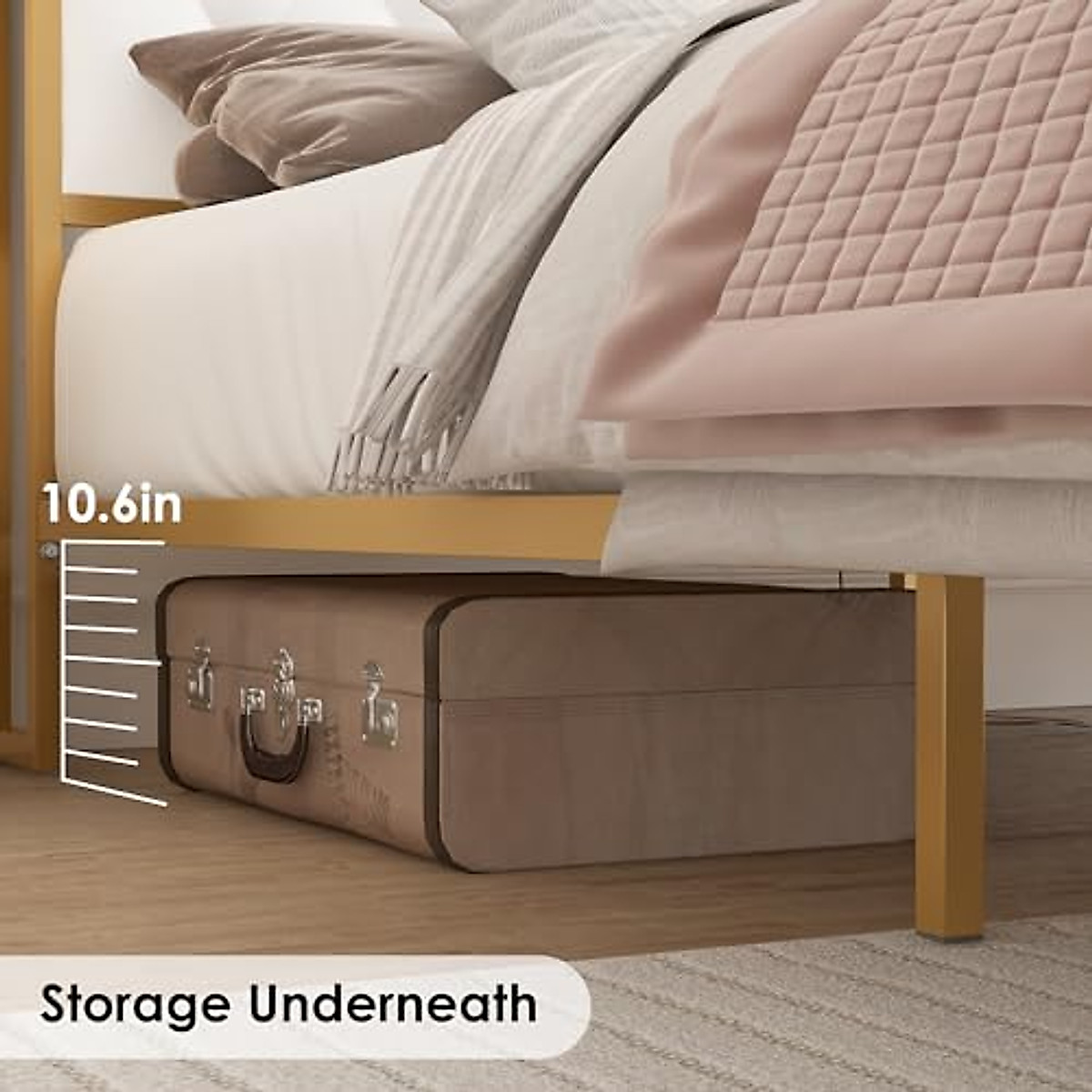 HITHOS Queen Bed Frame, Storage Headboard with Charging Station, Button Tufted Platform Bed with 2 Drawers, Upholstered Bed with 51.6" Tall Headboard, Gold Metal Frame, No Box Spring Needed, White