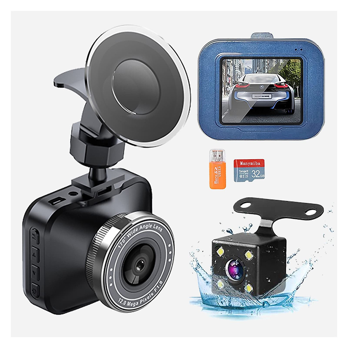 Dash cam Front and Rear, Manymiba car Camera 1080P with 32G SD Card, Dash Camera with 2.0 inch IPS Screen 170° Wide Angle, Night Vision, WDR, G-Sensor, Parking Mode, Audio Recording,dashcam