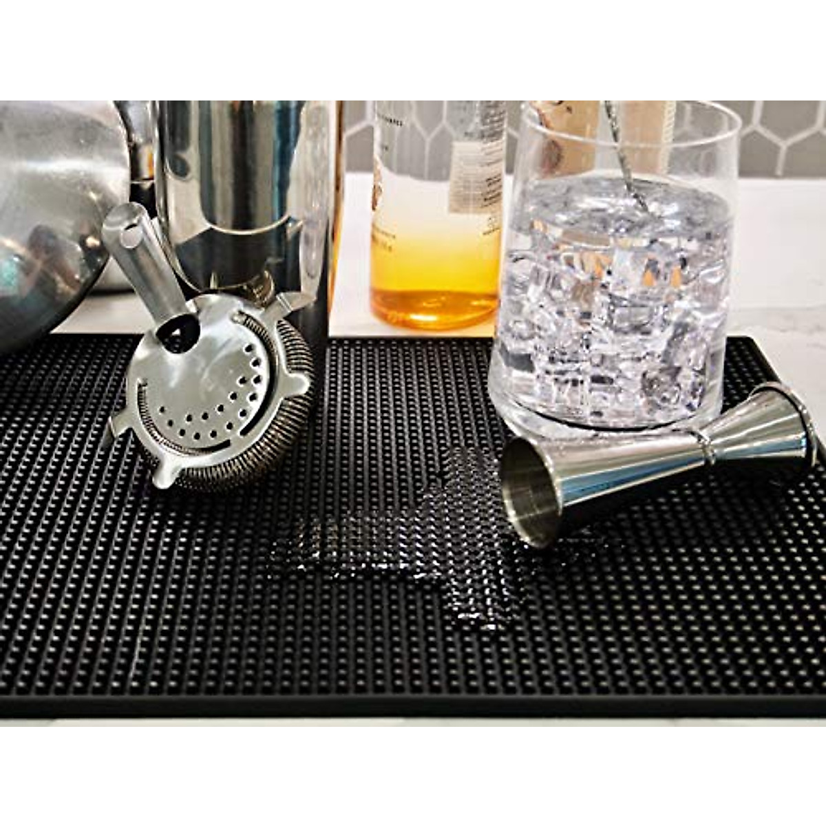 Highball & Chaser Bar Mat 18in x 12in, Thick Durable and Stylish Bar Mat for Spills. Non Slip, Non-Toxic, Service Mat for Coffee, Bars, Restaurants Counter Top (2 Pack, Black)
