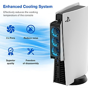 PS5 Cooling Fan, MEQI PS5 Accessories Upgraded Quiet Cooler Fan with LED Light & USB 3.0 Hubs, Efficient Cooling Station for Playstation 5 Disc/Digital Edition