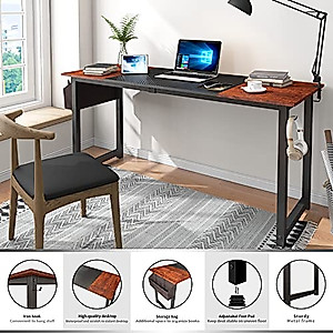 Decoholic 63 Inch Home Office Computer Two-Color Panel Desk with Storage Bag and Hook, Black, Sandalwood Color, Industrial Modern Laptop Desk