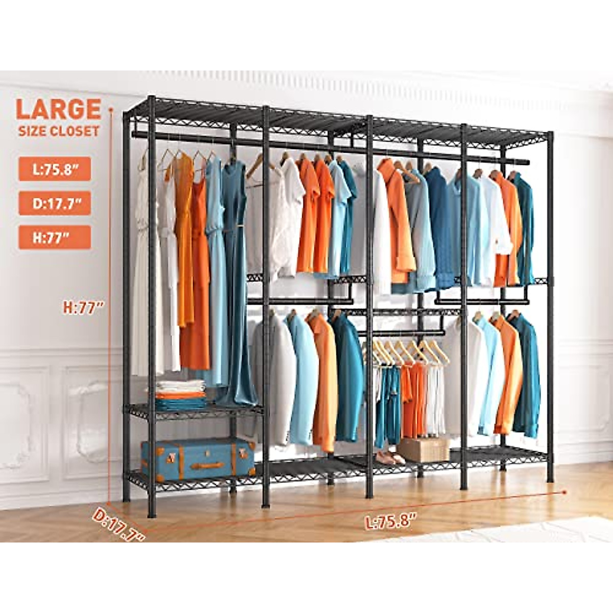 Raybee Clothes Rack Heavy Duty Clothing Racks for Hanging Clothes Load 985 LBS,Metal Clothing Rack Freestanding Portable Wardrobe Closet Rack for Hanging Clothes Wire Garment Rack, Black