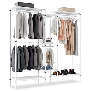 MoNiBloom Heavy Duty Carbon Steel Garment Rack, 66 Inch Expandable, with Shelves, for Hanging Clothes, Load 1000lbs, White
