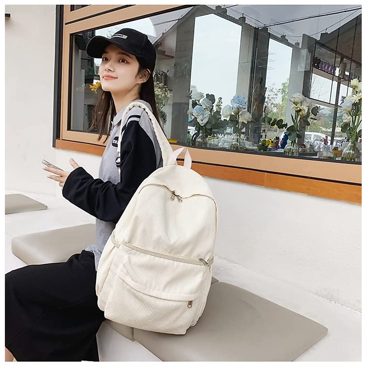 MININAI Preppy Corduroy Backpack Aesthetic Backpack 15.6 inch Laptop College Backpack Cute Book Bag Travel Rucksack Daypack (One Size,White)