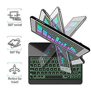 YEKBEE iPad Keyboard Case for iPad 2018 (6th Gen) - iPad 2017 (5th Gen) - iPad Pro 9.7 - iPad Air 2 & 1 - Thin & Light - 360 Rotatable - Wireless/BT - Backlit 7 Color (9.7, Black)