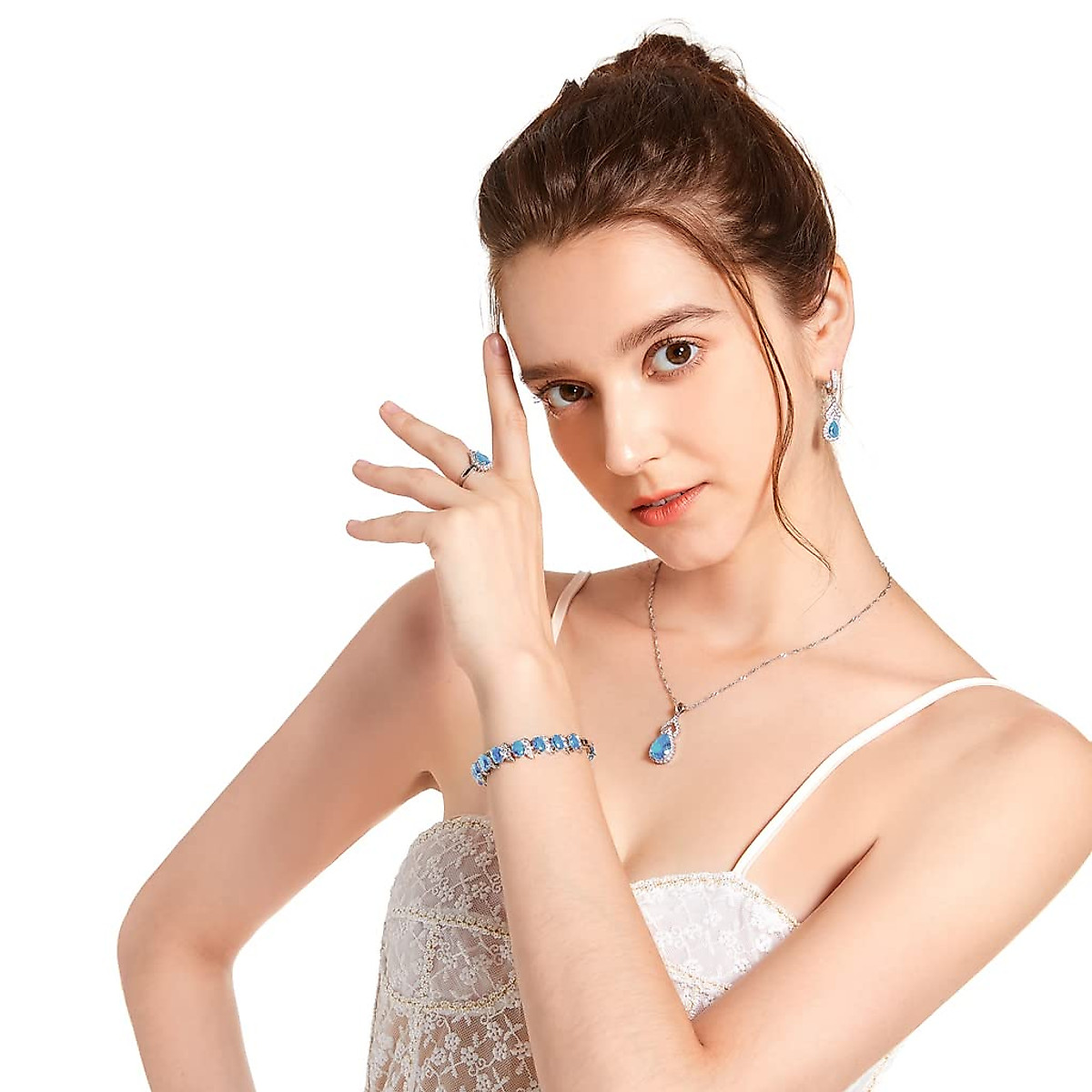 LMXXVJ Sky Blue Crystal Necklace Earrings Bracelet Adjustable Ring Set for Women White Gold Plated Wedding Party Jewelry Sets with Water Drop Shaped Stone