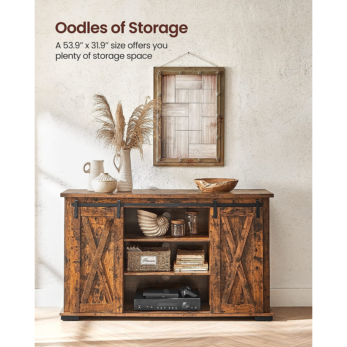 VASAGLE TV Stand with Storage and Sliding Barn Doors for 60-Inch Televisions, Entertainment Center Console, 53.9”, Rustic Brown