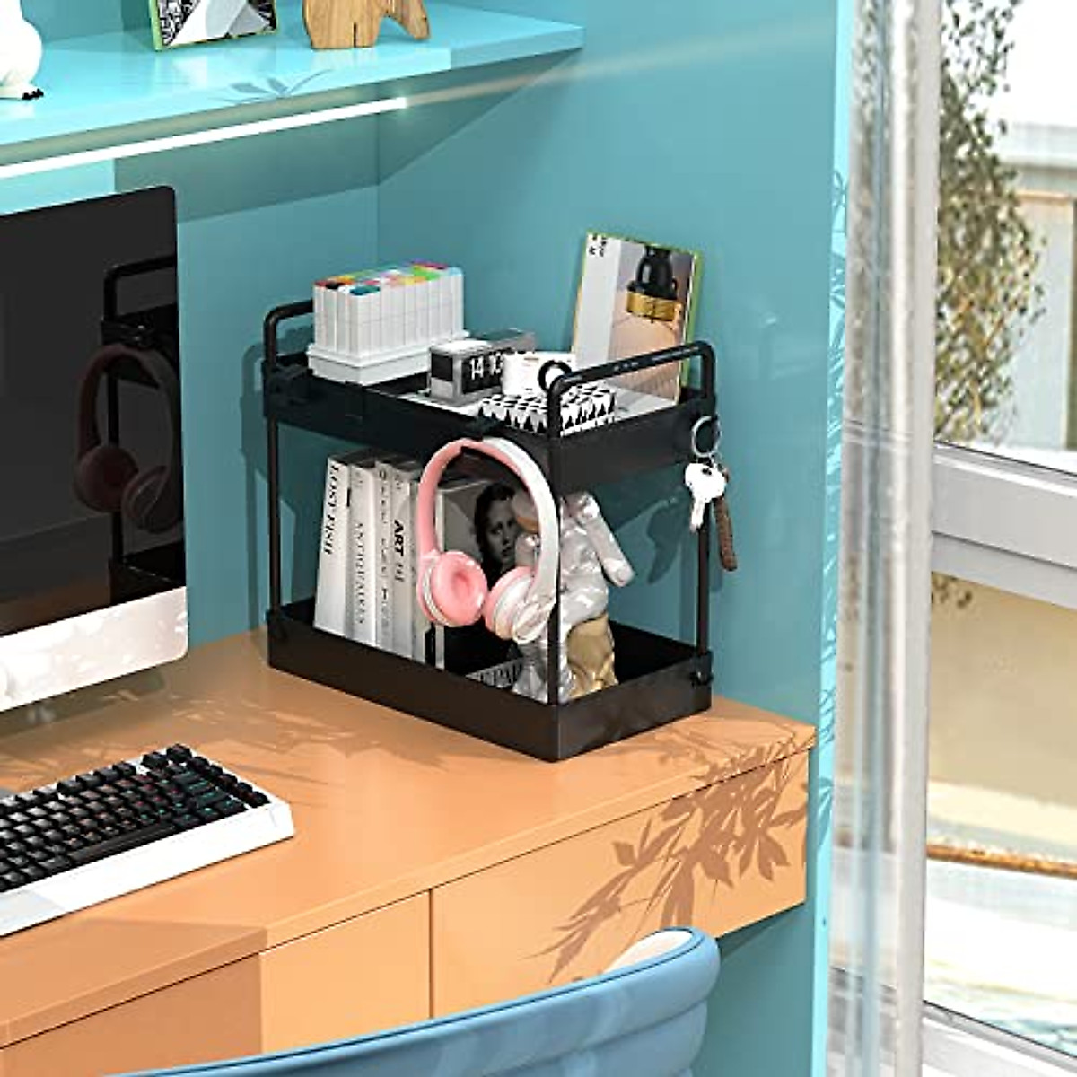 Ronlap 2 Pack Under Sink Organizers and Storage, 2 Tier Bathroom Organizer Under Sink with Handle Hanging Cup Hooks Dividers, Kitchen Organization and Storage Under Sink Cabinet Counter Shelf, Black