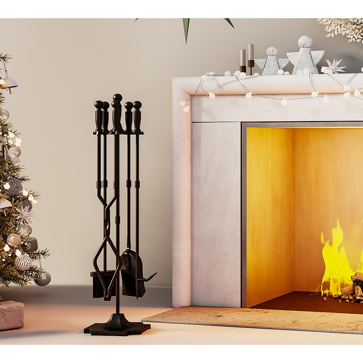 Fire Beauty Fireplace Tools, 5 Pieces Fireside Accessories Fire Kit Set, Stand Woodstove Tools Holder Wrought Iron Handle Indoor Fireset Stand (32 Inches)