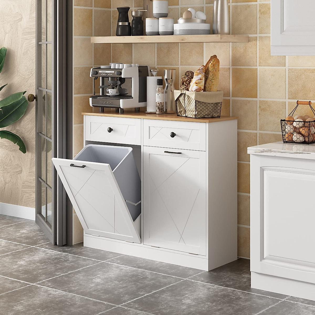 Vabches Trash Cabinet Double Trash Can, Dog Proof Tilt Out Trash Bin Holder, Hideaway Free Standing Recycling Cabinet with 2 Drawers for Kitchen Living Room White
