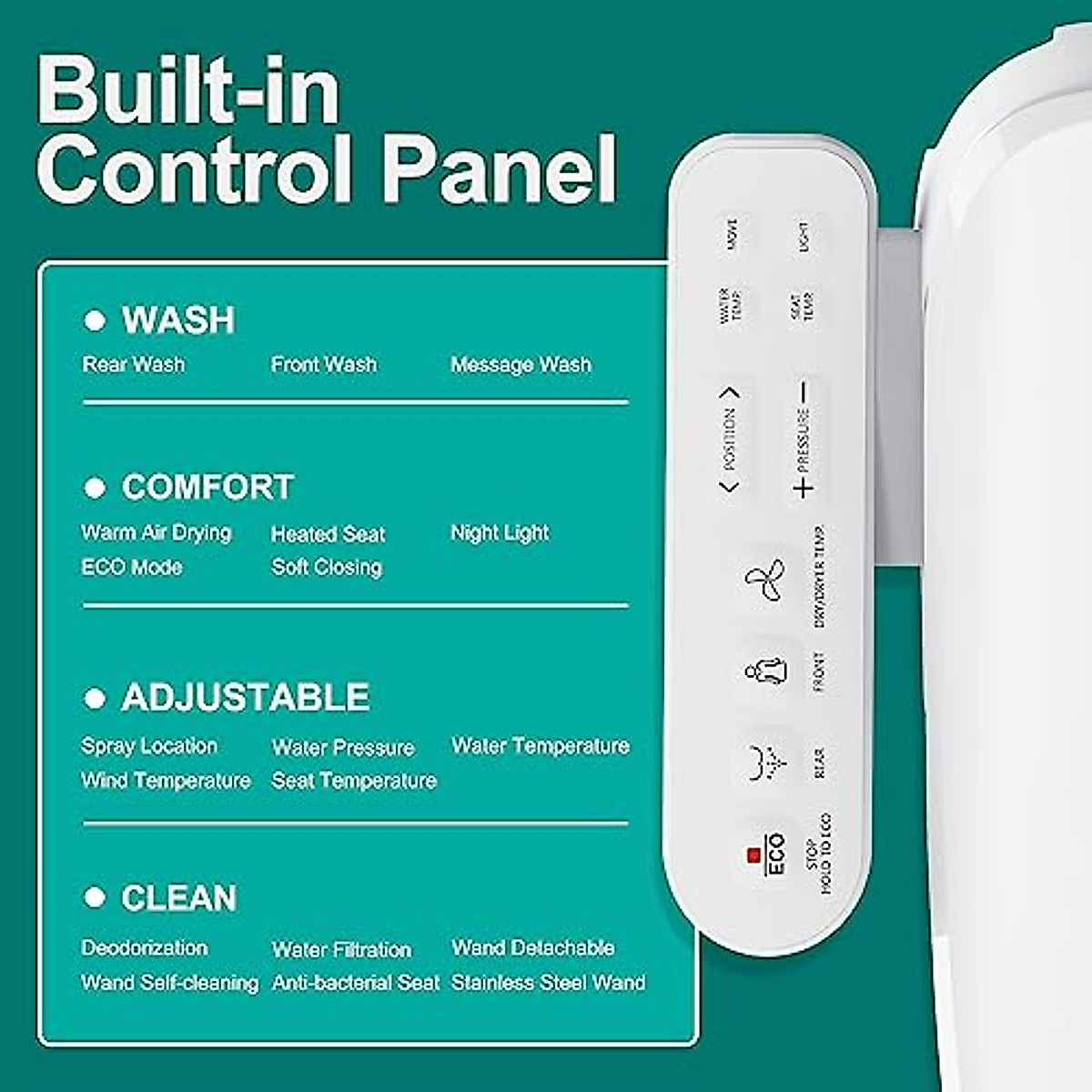 Aquatiz Elongated Smart Toilet Seat, Electronic Heated Toilet Seat, Self-Cleaning Nozzle, Temperature Controlled Wash, Air Dryer, Deodorizer, LED Light, Multi-mode Wash, (Panel Control)