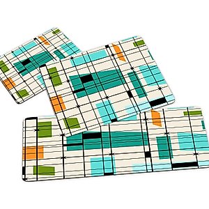 Mid Century Modern Kitchen Rug Sets 3 Piece Midcentury Retro Grid and Starbursts Orange Geometric Cushioned Floor Mats Washable Doormat Anti Fatigue Non-Slip Kitchen Runner Rugs Bedroom Area Carpet