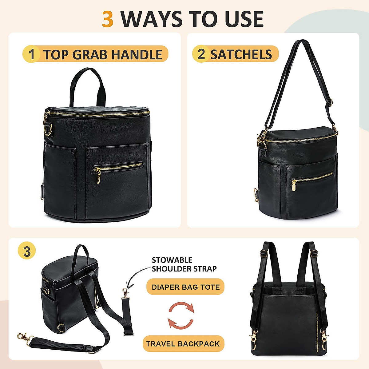 miss fong Small Diaper Bag Mini Diaper Bag, Leather Diaper Bag Backpack with 13 Diaper Bag Organizers,2 Insulated Pockets, and Shoulder Strap(After Dark)