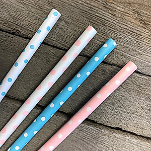 Gender Reveal Paper Straws - Light Blue Pink White - Polka Dot - 7.75 Inches - 100 Pack - Outside the Box Papers Brand