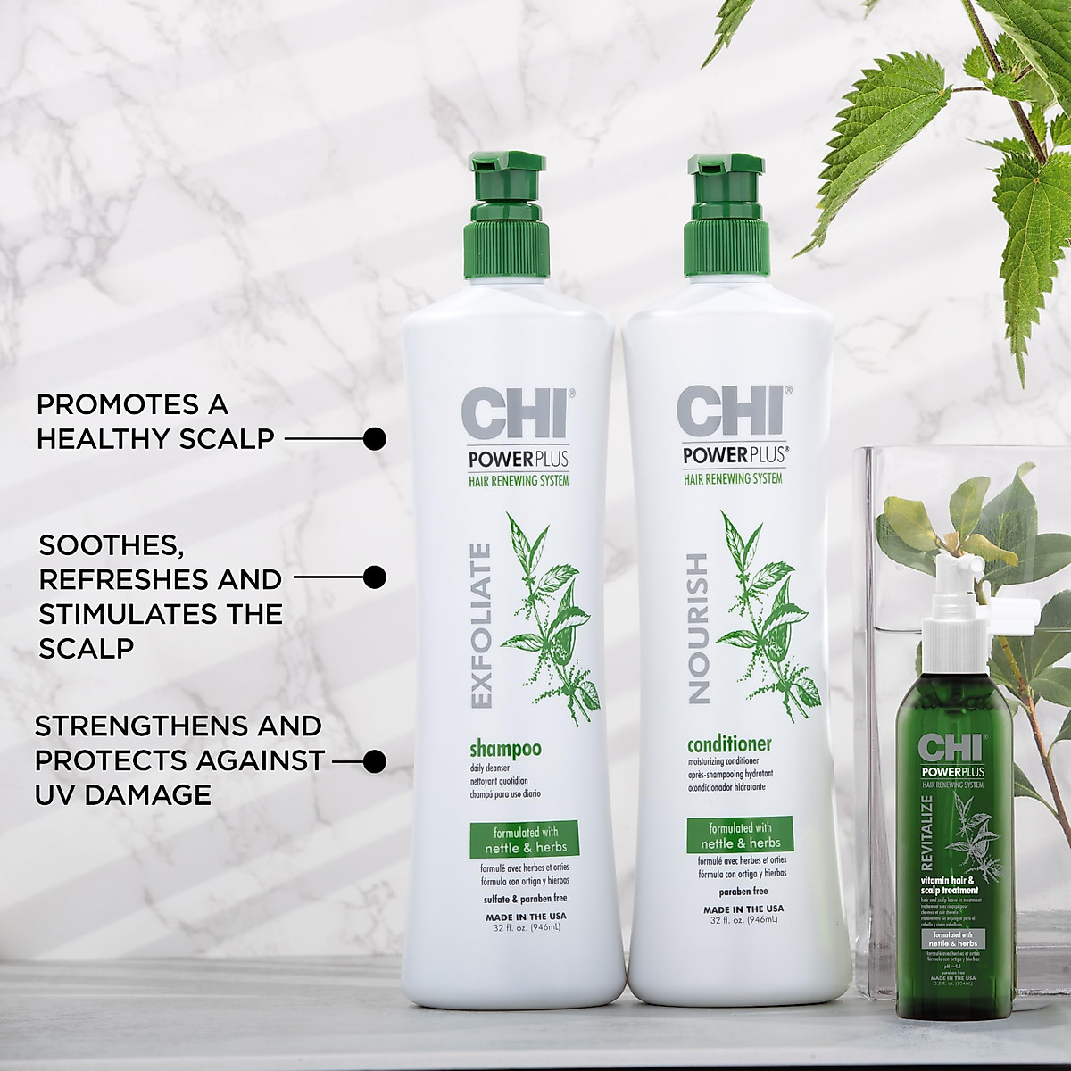 CHI Power Plus Step Exfoliate Shampoo 32oz Power Plus Step 2 Nourish Conditioner 32oz and Power Plus Step 3 Revitalize Vitamin Hair Scalp Treatment 3.5oz fluid_ounces, 12 Fl Oz