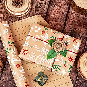 WRAPAHOLIC Kraft Christmas Wrapping Paper - Mini Roll - 17 Inch X 33 Feet - Merry Christmas Lettering with Christmas Leaves Design for Chrsitmas, Holiday, Party Celebration