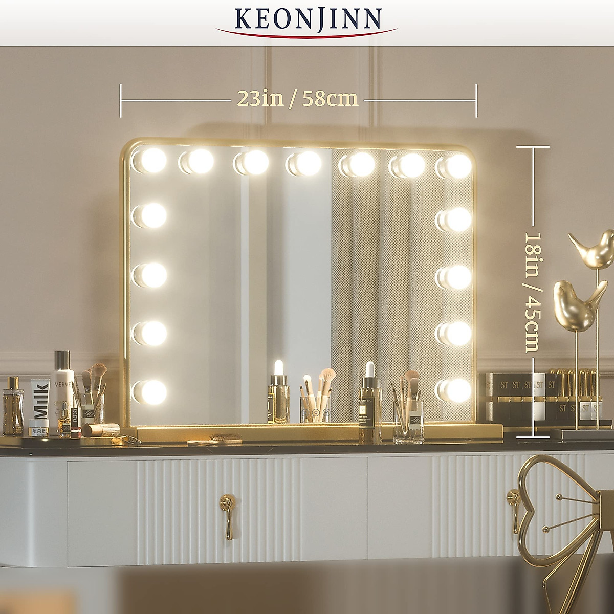 Keonjinn Gold Vanity Mirror with Lights, 15 Replaceable Bulbs Hollywood Makeup Mirror with 2 Replacement Bulbs, 3 Color Lights, Aluminum Metal Frame, USB Charging Port, 23" x 18" Large Lighted Mirror