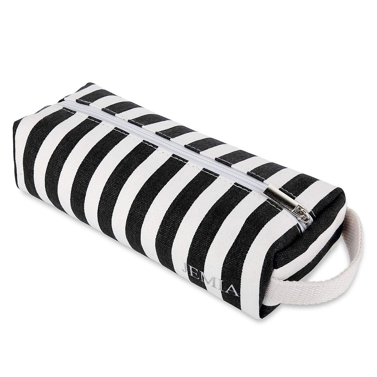 JEMIA Single Compartments Collection 1 Independent Zipper Chambers with Handle Strap Pencil Case (Black White Stripes, Canvas, Medium)