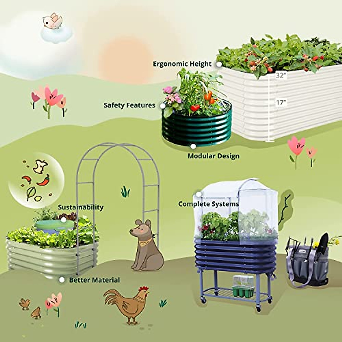 Vego garden Raised Garden Bed Kits, 17" Tall 9 in 1 8ft X 2ft Metal Raised Planter Bed for Vegetables Flowers Ground Planter Box-Olive Green