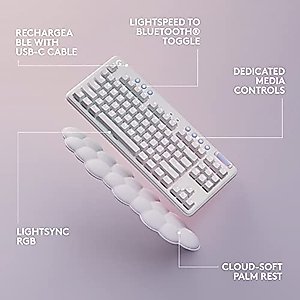 Logitech G715 Wireless Mechanical Gaming Keyboard with LIGHTSYNC RGB, LIGHTSPEED, Clicky Switches (GX Blue), and Keyboard Palm Rest, PC/Mac Compatible - White Mist