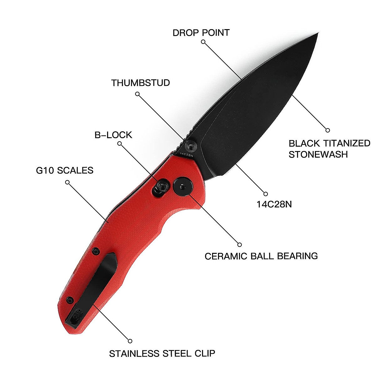 BESTECHMAN Ronan EDC Folding Knife Red G10 Handle Pocket Knife, 14C28N Steel Thumb-Stud Outdoor Tools, BMK02J (Red Handle)