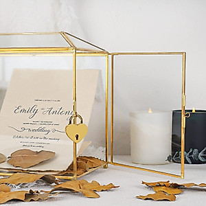 REDHUGO 10.2x5.9x7.9 in Medium Glass Card Box Handmade with Slot and Lock, Wedding Card Boxes for Reception, Graduation, Gift Cards, Party, Brass Geometric Terrarium, Golden Decorative Box