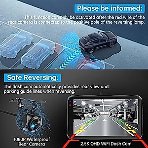 Dash Cam Front and Rear, Dash Camera for Cars WiFi/APP Control Dashcam W/ 64G SD Card, 2.5K Dash Cam Front + 1080P Rear Car Camera W/Super Night Vision, Loop Recording, G-Sensor, Max Support 256GB