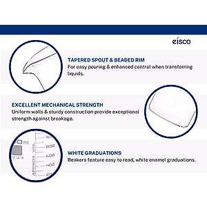 EISCO 6PK Beakers, 1000mL - Low Form with Spout - White, 100mL Graduations - Borosilicate Glass