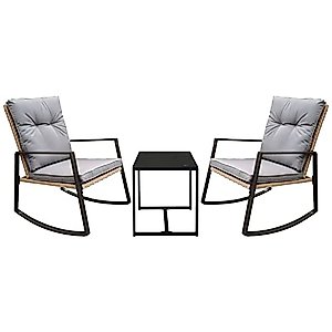 YIYAN 3 Piece Bistro Set Outdoor Patio Rocking Wicker Chairs with Washable Cushion and Coffee Table (Gray)