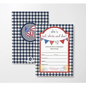M Market On Mainstreet Red, White & Due Baby Shower Invitations, Books For Baby & Diaper Raffle & Thank You Cards (Invitations)