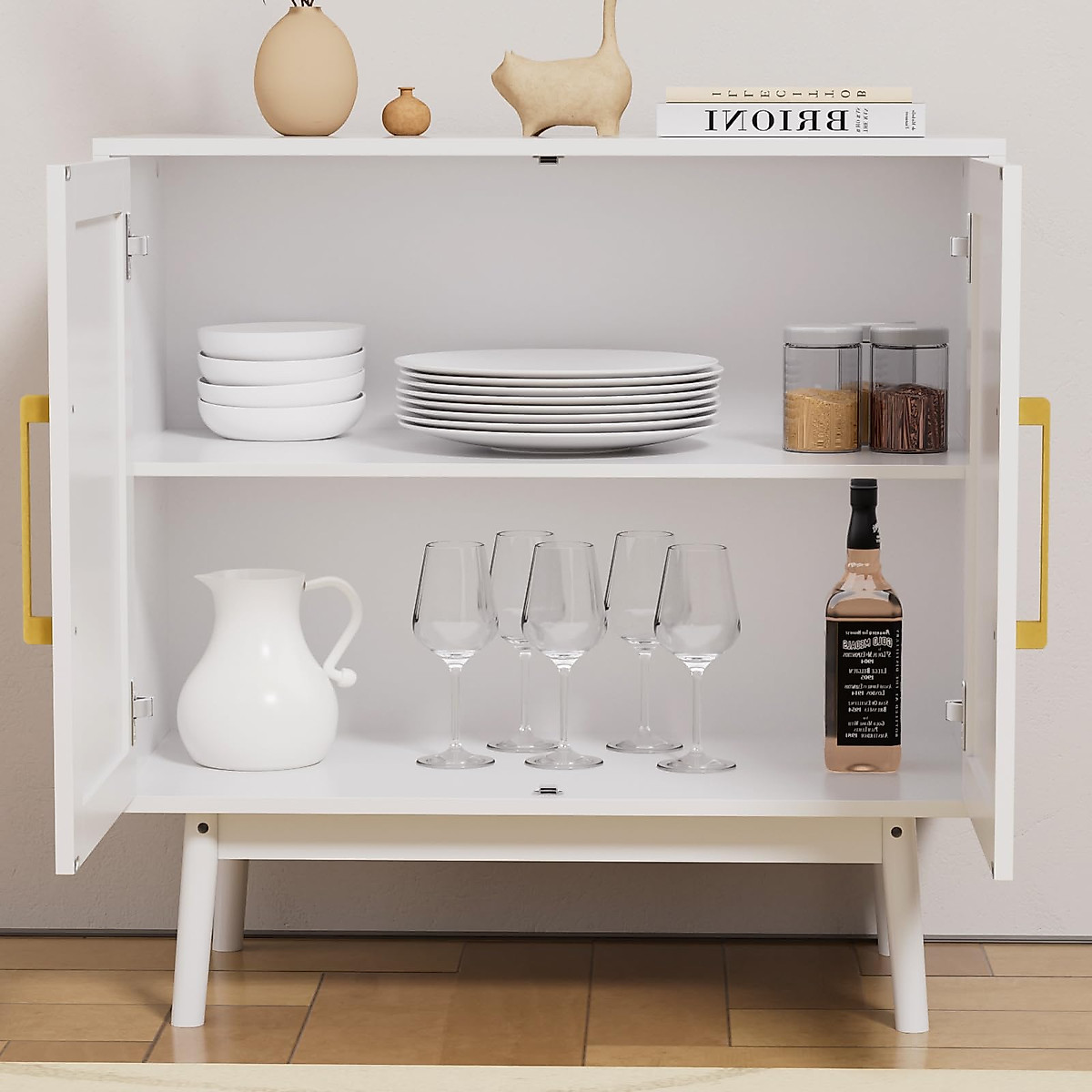 LYNSOM Sideboard Buffet Cabinet with Storage, Kitchen Buffet Cabinet with Rattan Doors and Adjustable Shelf, Small Storage Cabinet with Solid Wood Feetfor Hallway, Entry, Living Room, White