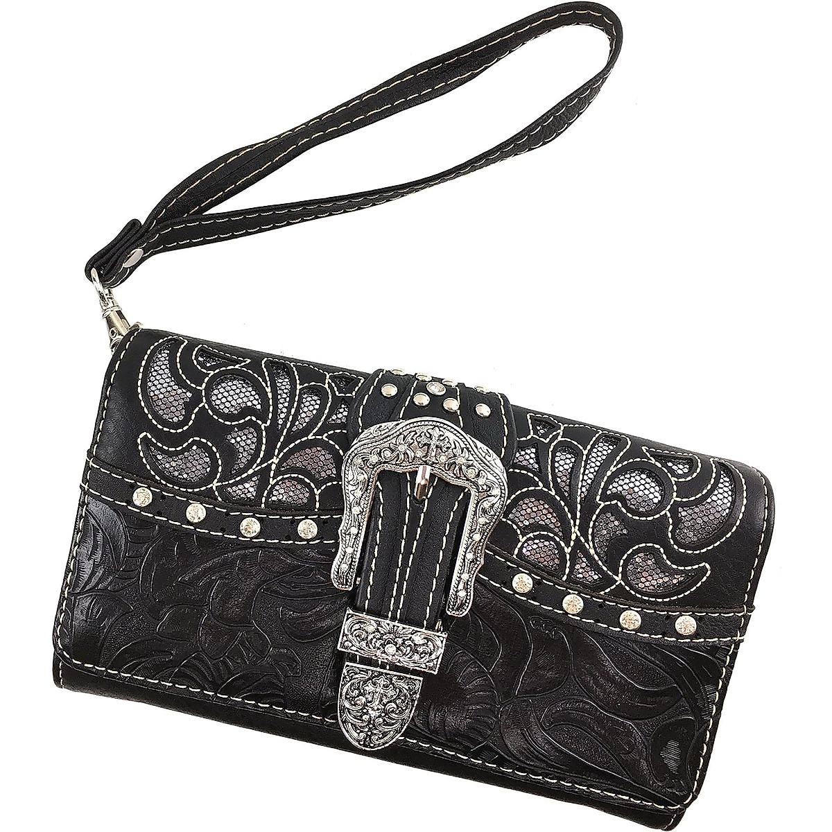 Justin West Laser Cut Rhinestone Silver Buckle Studded Cross Shape Design Wristlet Trifold Wallet Attachable Long Strap (Black Silver)