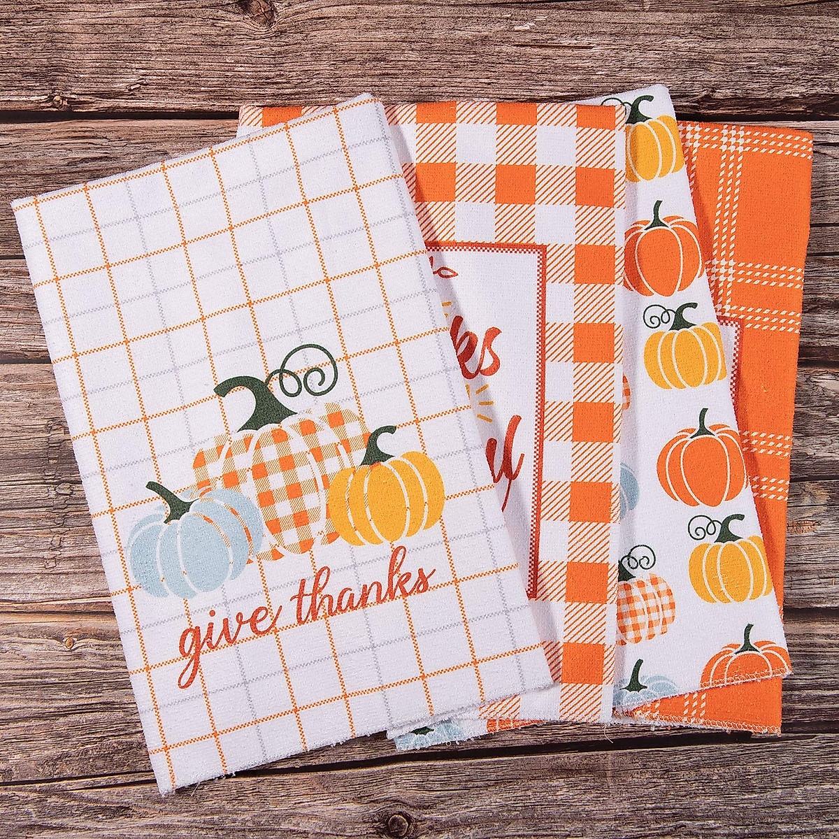 Whaline 4 Pack Thanksgiving Kitchen Towel Fall Harvest Dish Towel Super Absorbent Pumpkin Maple Leave Plaid Tea Towel Large Size Cloth Towel for Autumn Holiday Kitchen Coking Baking, 18 x 28 Inch
